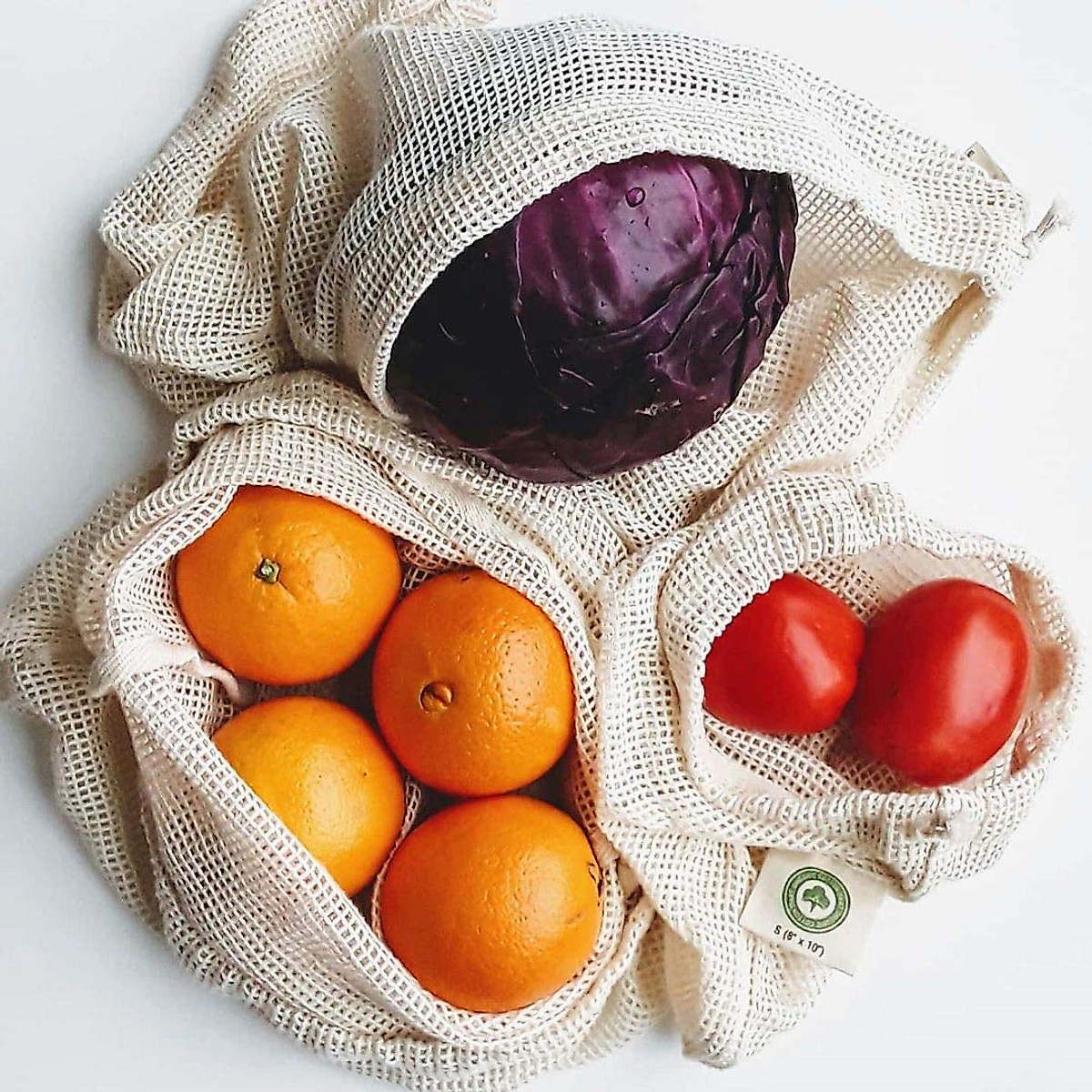 Reusable Cotton Mesh Produce Bags - 100% Organic Cotton, Durable, Double Stitched, Washable with Tare Weight & Drawstring - Mesh Bags for Grocery Shopping, Vegetables & Fruits | 6 Bags (2L, 2M, 2S)