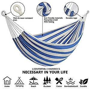 ROOITY Double Hammock Brazilian Hammocks with Portable Carrying Bag,Soft Cotton Fabric, Up to 450 Lbs Hanging for Patio,Trees,Garden,Backyard,Porch,Outdoor and Indoor XXX-Large Stripe (Blue-White)