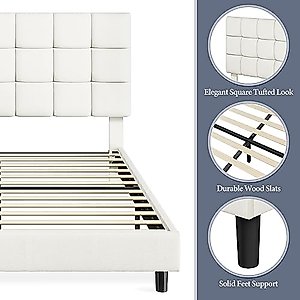 Yaheetech Queen Upholstered Bed Frame, Platform Bed Frame with Square Tufted Fabric Headboard Height Adjustable, Wooden Slats Support, No Box Spring Needed, Beige