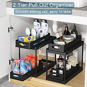 YumKubis Under Sink Organizers and Storage, 2 Tier Sliding Bathroom Cabinet Organizer, Pull Out Under Sink Storage, Black Bathroom Counter Organizer with Drawers & 4 Hooks for Kitchen, Bathroom