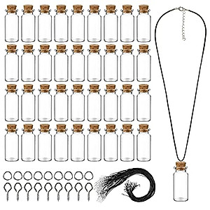 Sawysine 50 Pcs 10 ml Mini Glass Bottles with Cork for Necklace Jars,tiny Wishing Bottles with 50 Pcs Black Waxed Cord and 100 Pcs Clasp Rings for DIY Crafts Bead Container