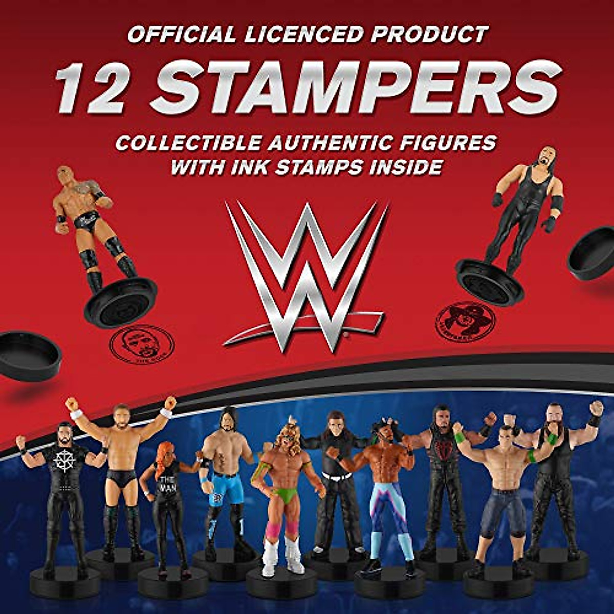WWE Superstar Stampers, Set of 12 - Self-Inking WWE Superstars for Crafts, Party Decor, Cake Toppers Gifts - Ultimate Warrior, Roman Reigns, Kofi Kingston More by PMI, 2.3-2.5 in. Tall.