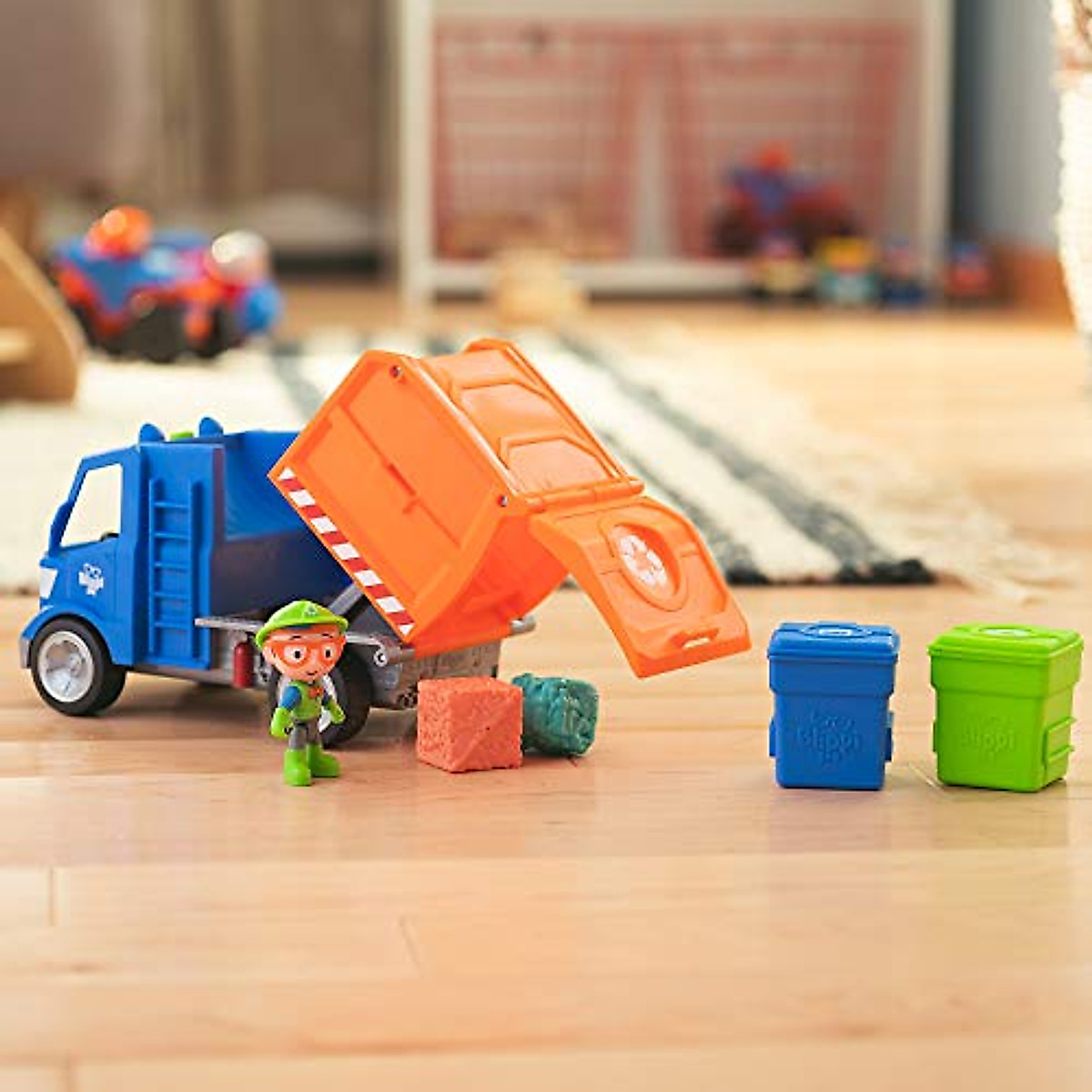 Blippi Recycling Truck - Includes Character Figure, Working Lever, 2 Trash Cubes, 2 Recycling Bins - Sing Along with Popular Catchphrases - Educational Toys for Kids - Amazon Exclusive