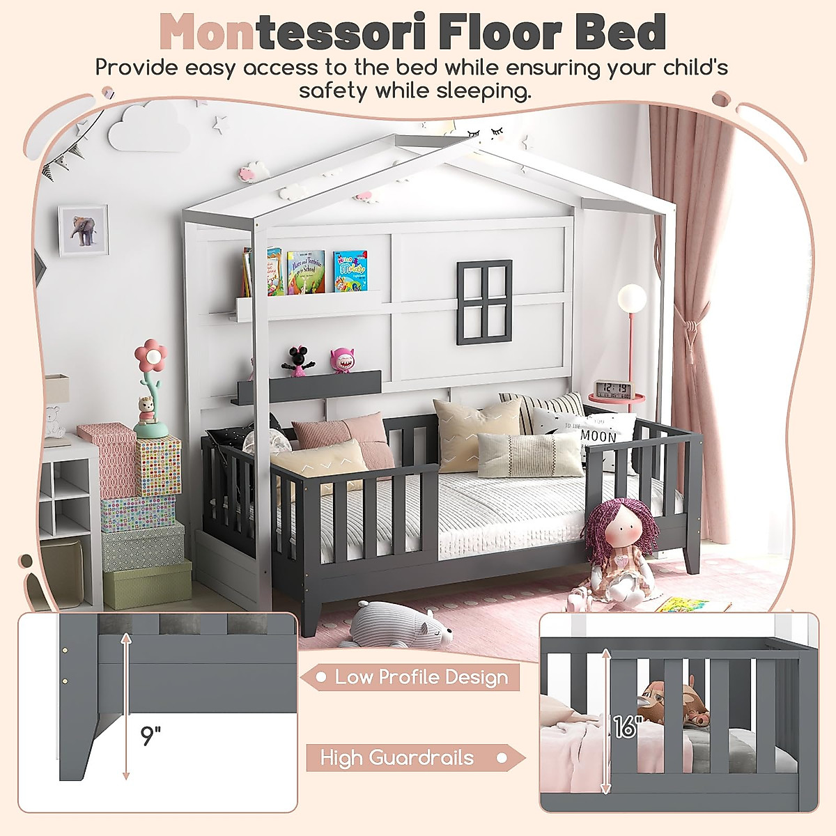 GOFLAME Twin Size House Bed for Kids, Montessori Floor Bed with Roof, 2 Storage Shelves, Rails and Window, Wooden Slatted Playhouse Bed Frame for Boys, Girls, No Box Spring Needed