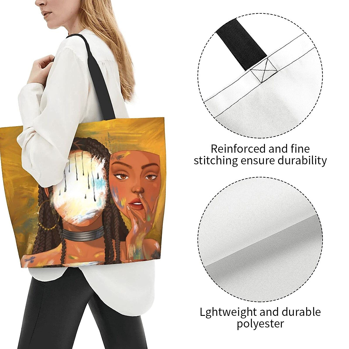 African American Woman Tote Bag for Women Beach Canvas Bag Travel Reusable Grocery Shopping Bag Tote for Women