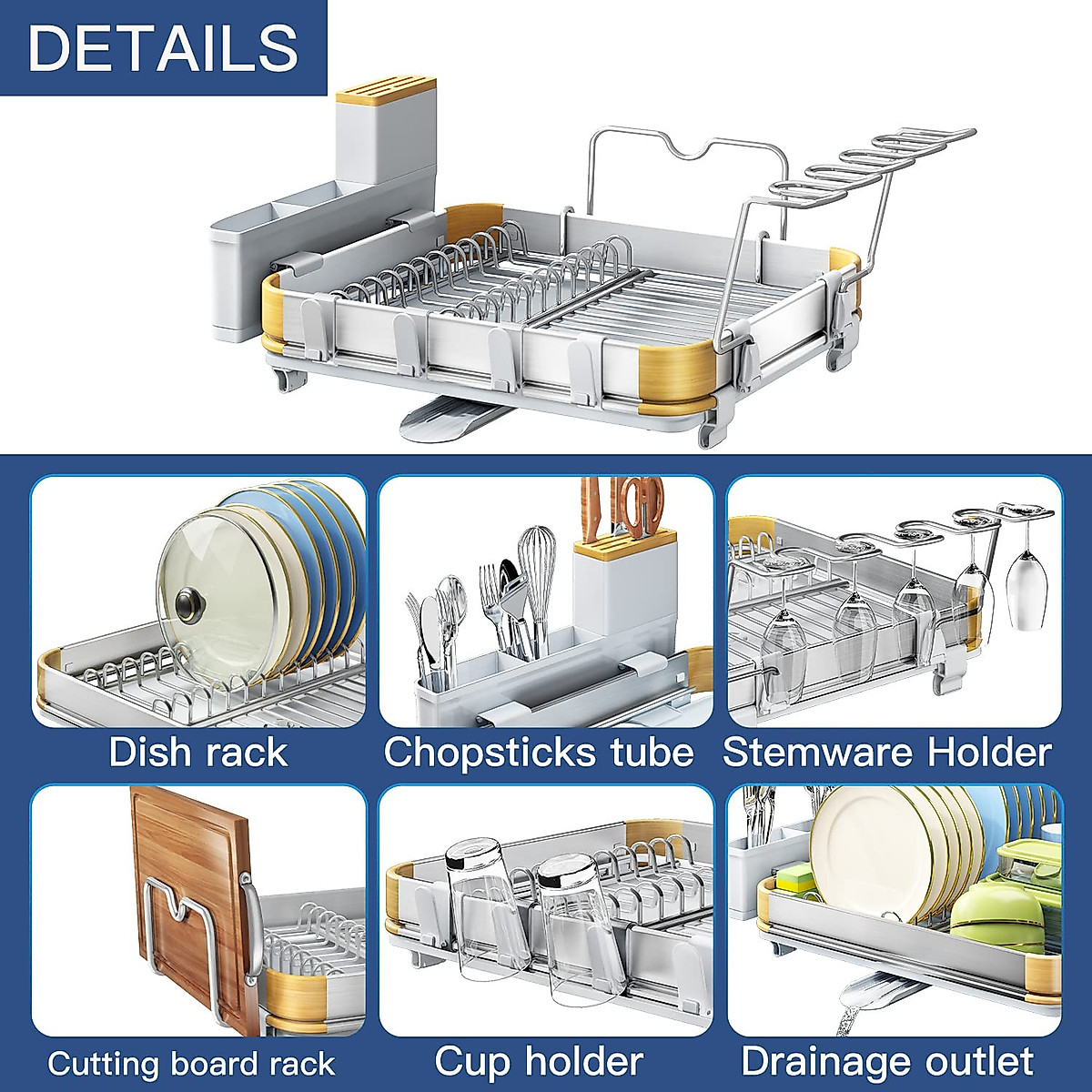 Dish Drying Rack, Aluminium Dish Racks for Kitchen Counter with Cup Rack, Large Dish Drainers with Drainboard, Anti-Rust Kitchen Dish Rack Dryer Shelf for Plate with Utensil, Cutting Board Holder