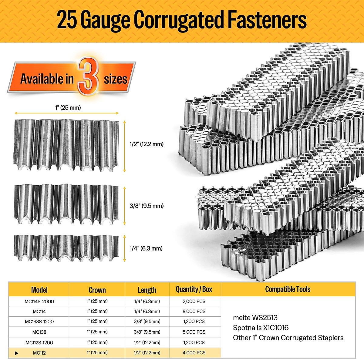 meite Corrugated Fasteners MC112 25 Gauge 1-Inch Crown 1/2-Inch Long Corrugated W Fastener Staples (1 Small Pack - 1,000 PCS)