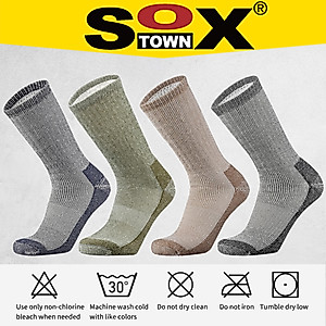 SOX TOWN Men's Merino Wool Cushion Crew Socks Moisture Wicking Control for Outdoor Hiking Work Boot Thermal Warm All Seasons(Black L)