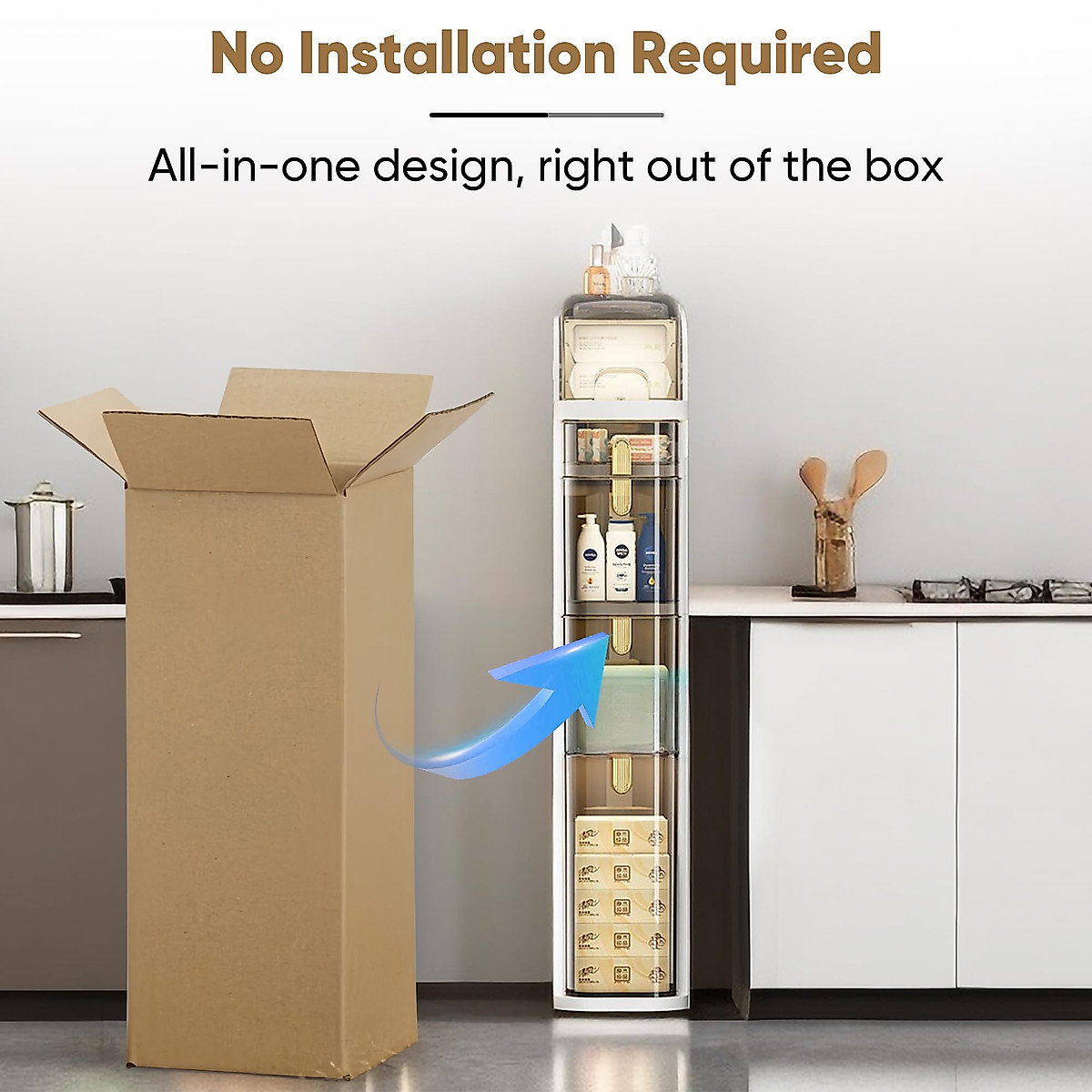 3-Tier Slim Bathroom Storage Cabinet, Waterproof Narrow Bathroom Storage Cabinet with Drawers& Toilet Paper Holder, Movable Bathroom Organizers for Small Space, Kitchen, Laundry,Bedroom,Out of Box