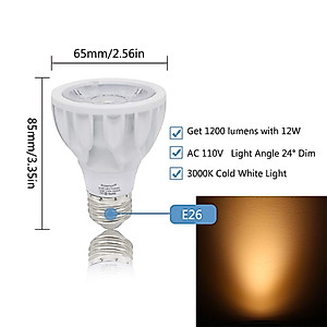 Rowrun PAR20 12W Narrow Flood Light Bulb E26 Dimmable LED Bulb Spotlight Beam Angle 24 Degree 100W Halogen Warm White 3000K 2-Pack