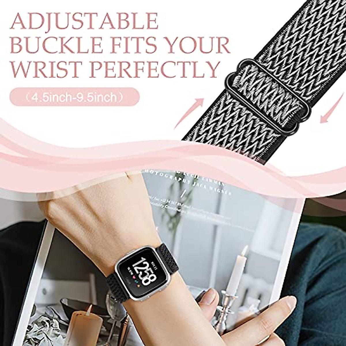 MHunter 5-Packs Elastic Bands Compatible with Fitbit Versa 2/ Versa/ Fitbit Versa Lite, Adjustable Nylon Replacement Straps Wristband for Fitbit Versa Smart Watch for Women and Men B/G/GrArr/At P/At G