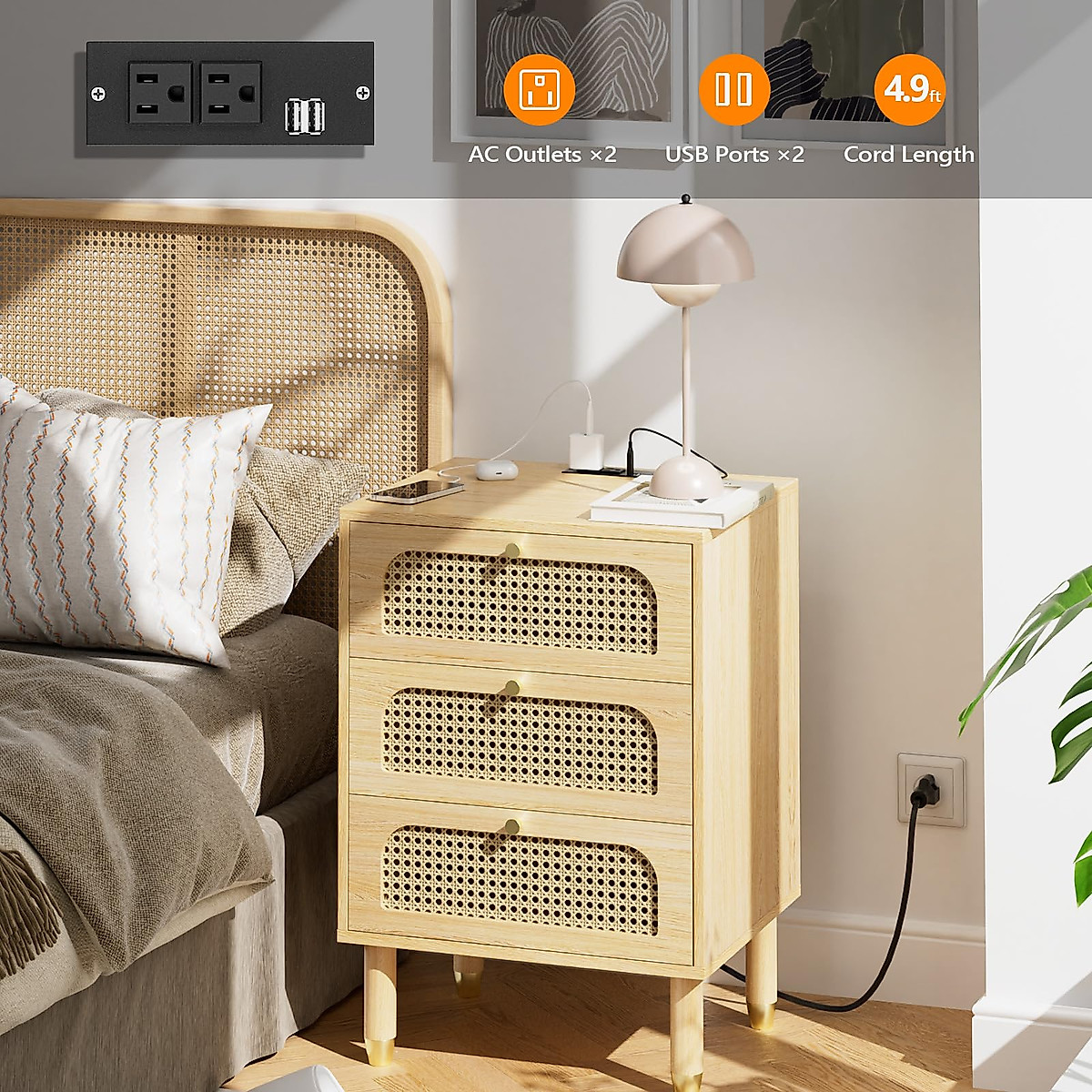 VINGLI Rattan Nightstands Set of 2 with Charging Station, 19" W x 27" H Nightstand 3 Drawer Set of 2, Boho Nightstand/End Table/Side Table, Rattan Bedside Table for Bedroom(Oak, 2 Pack)