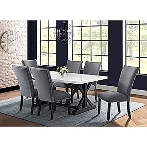 Hanover 7-Piece Linen Side Top and Wood Capri Modern w/White Marble Tabletop, Black Trestle Style Base, and 6 Comfortable Upholstered Foam Room Chairs, Farmhouse Dining Table Set, Natural, Gray