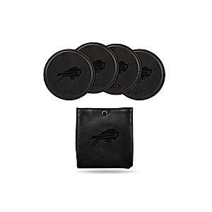 Rico Industries NFL Buffalo Bills Black Personalized Faux Leather Laser Engraved 4-Pack Coaster Set with Pouch - Great Beverage Accessory for Game Day