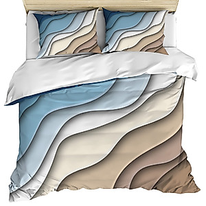 Navy Blue Brown Ombre Duvet Cover Set 3 Pieces with Zipper Closure, Modern Geometric Abstract Cream Bedding Sets 1 Duvet Cover & 2 Pillow Cases, Comforter Cover Set Duvet Cover California King