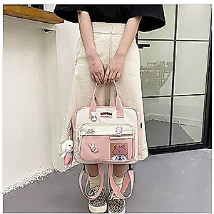 Kawaii Canvas School Backpack with Pendant, Laptop Shoulders Bag, Back to School Off to College Supplies (Pink)