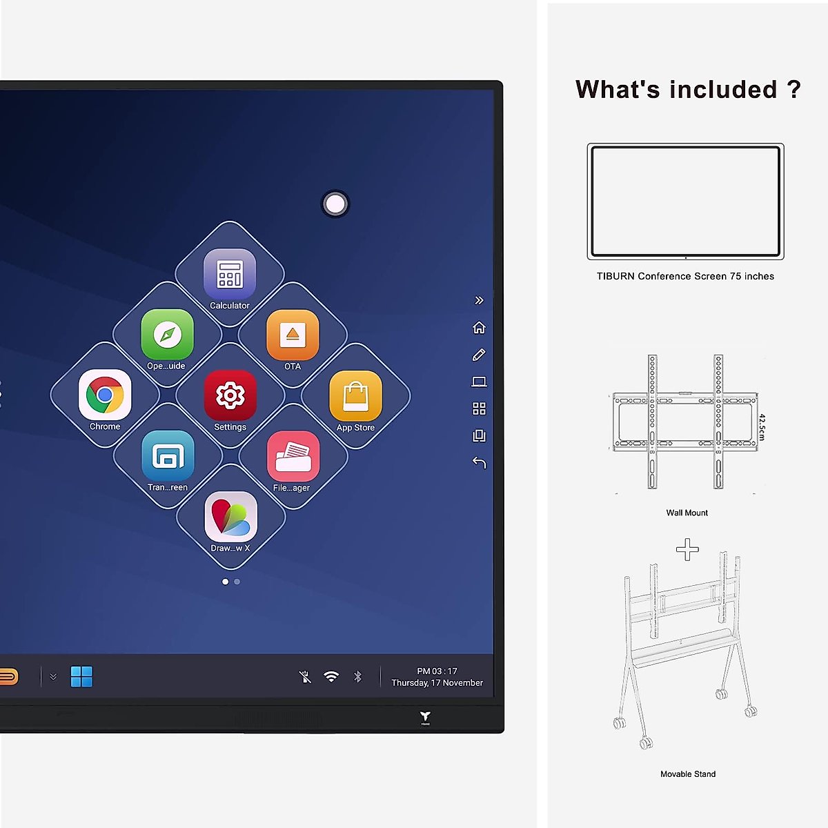 TIBURN R2 75" 4K UHD Smart Board | Smart Digital Whiteboard | All-in-One Touch Screen Computer with Open App Ecosystem, Includes Movable Stand+Wall Mount, Ideal for Office, Classroom, and Conference