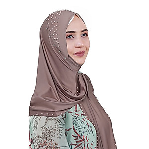 Woeoe Women Rhinestone Pearl Muslim Head Wrap Plain Color Crystal Muslim Hijab Cap Lightweight One Piece Breathable Head Scarf