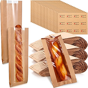 Thenshop 120 Pieces Paper Bread Bag with Window for Homemade Bread Bags Brown Kraft Loaf Storage Sacks Long French Bread Bags Bread Biscuits Packaging with Seal Sticker 6.5 x 2 x 18 inch