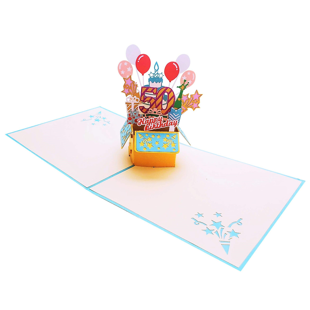 iGifts And Cards Happy 50th Blue Birthday Party Box 3D Pop Up Greeting Card – Fifty, Awesome, Balloons, Presents, Unique, Congrats, Celebration, Feliz Cumpleaños, Fun
