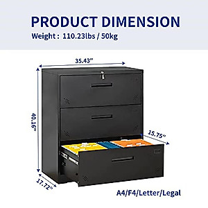 Yone jx je 3 Drawer Lateral Filing Cabinet for Legal/Letter A4 Size, Large Deep Drawers Locked by Keys, Locking Wide File Cabinet for Home Office, Metal Steel (Black)