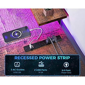 ODK U Shaped Desk with Power Outlets & LED Strip & Monitor Stand, 66" Reversible L Shaped Desk with Drawers and Storage Shelf, Home Office Gaming Desk, Vintage