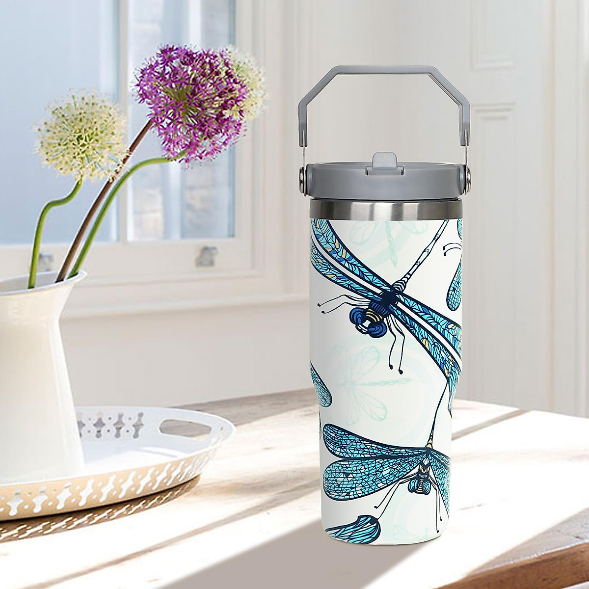 Dragonfly Tumbler with Handle and Straw, Stainless Steel Vacuum Insulated Flip Straw 30 oz Dragonfly Tumbler Spill Proof Coffee Travel Mug Dragonfly Gifts for Women