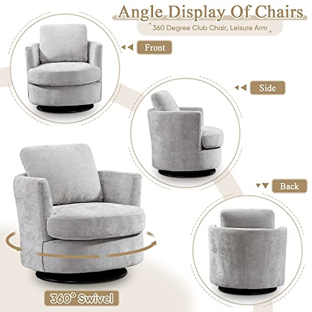 Swivel Accent Chairs Living Room Modern Comfy Round Arm Chairs Upholstered Barrel Swivel Chairs Sillas De Sala Circle Club Chair Cozy Chairs for Small Spaces Bedroom (Grey Chenille, Set of 1)
