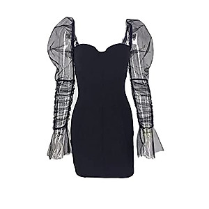 Uni Clau Women Sexy Mesh Sheer Puff Long Sleeve Mini Dress Bodycon Deep V Neck Patchwork Party Clubwear Dress Black 2XL