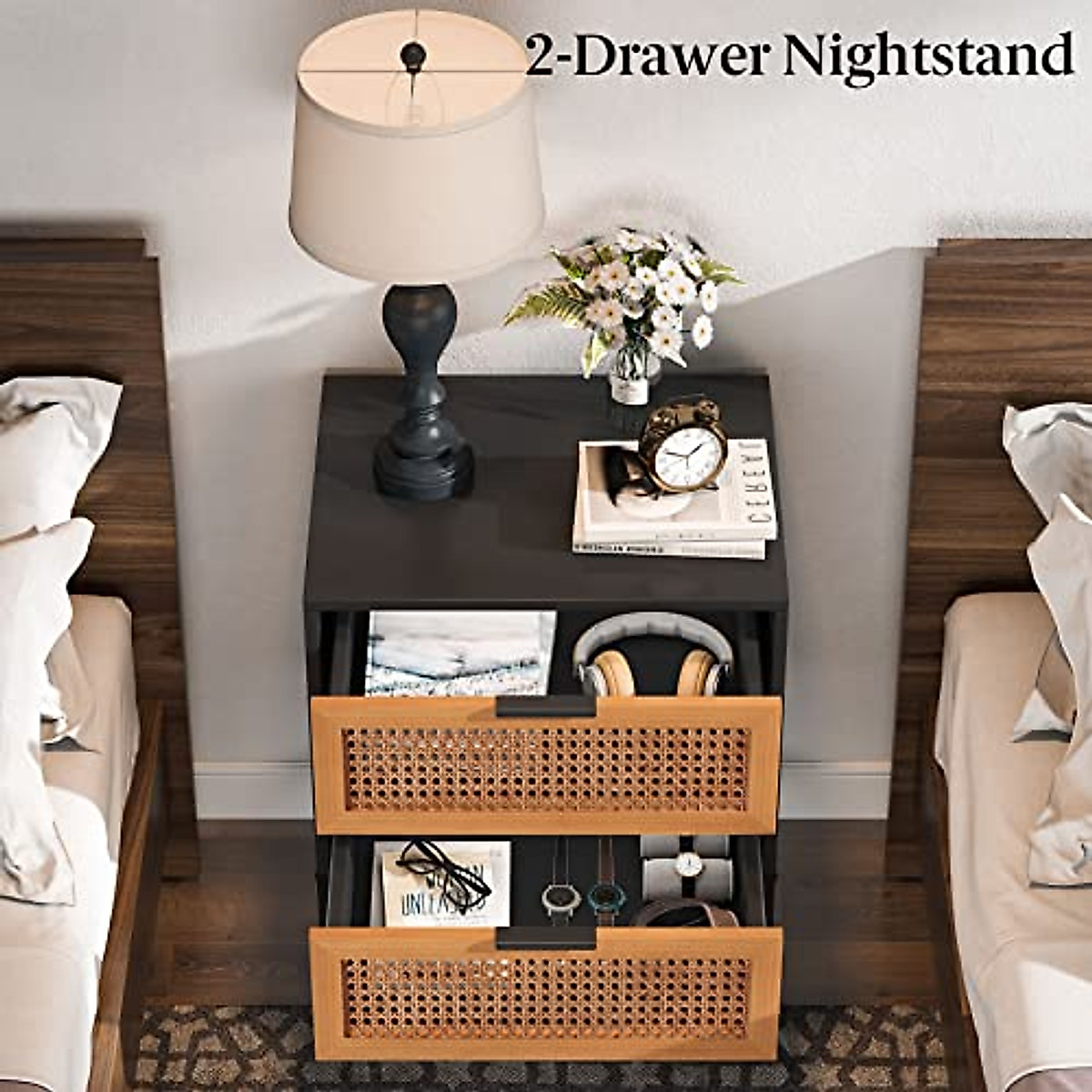 Tribesigns Nightstands with Rattan Drawers, Modern Wood Night Stands, Bedside Table with Storage, Black 2 Drawers End Table, Vintage Sofa Side Table, Retro Bed Side Table Bedroom Living Room(PCS 2)
