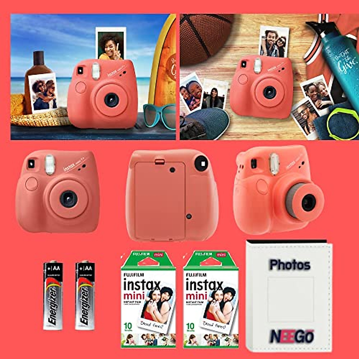Fujifilm Instax Mini 7+ Instant Camera Bundle-Deluxe Kit, Fuji Instax Mini Film (20 Sheets), NeeGo Photo Album (Coral)