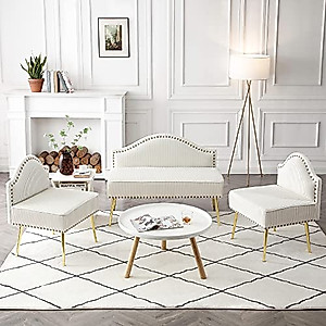Krinana Modern Velvet Armless Loveseat Sofa,Upholstered Pleated Settee with Golden Legs,Comfy 2 Seater Sofa for Living Room Bedroom Office (Beige, Armless Loveseat)