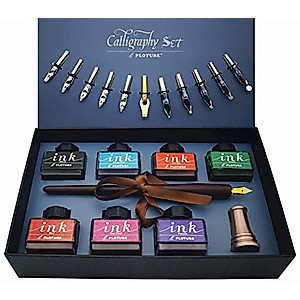 Plotube Calligraphy Pen Set – Includes Wooden Dip Pen, Antique Brass Holder, 11 Nibs, 7 Colors Ink Bottles and Beginner's Manual