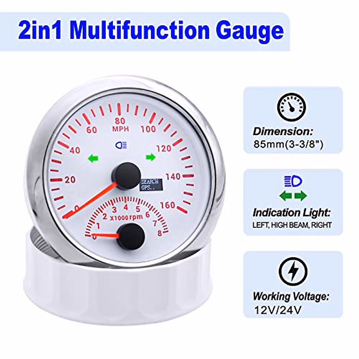 ARTILAURA GPS Speedometer 0-160MPH with Tachometer 8000 RPM, 85mm 3 3/8" Boat GPS Speedometer Car for AUTO Marine ATV Vehicles (White)