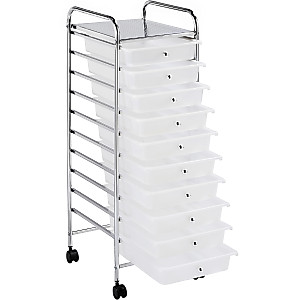Topeakmart Plastic Trolley with 10 Drawers Rolling Cart Organizer Utility Cart Storage Bin Organizer on Wheels, White