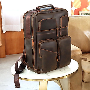 Polare 17.3 Inch Full Grain Leather Backpack for Men Multi Pockets Business Travel DayPack Rucksack