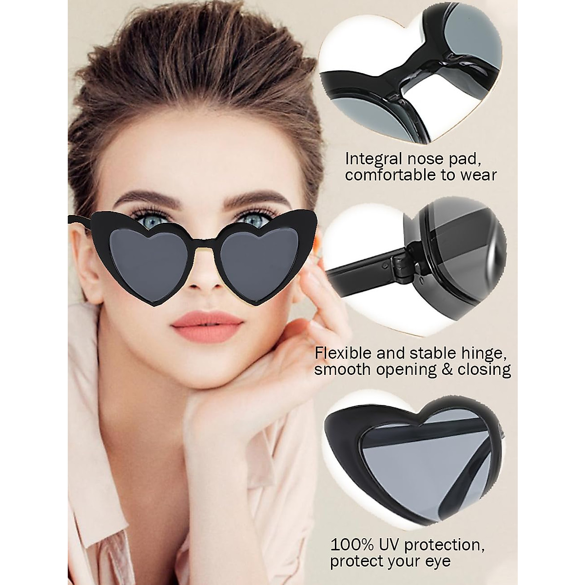 4 Pack Heart Shaped Sunglasses Trendy Cat Eye Love Heart Glasses Vintage Retro Heart Sunglasses for Women(Black)