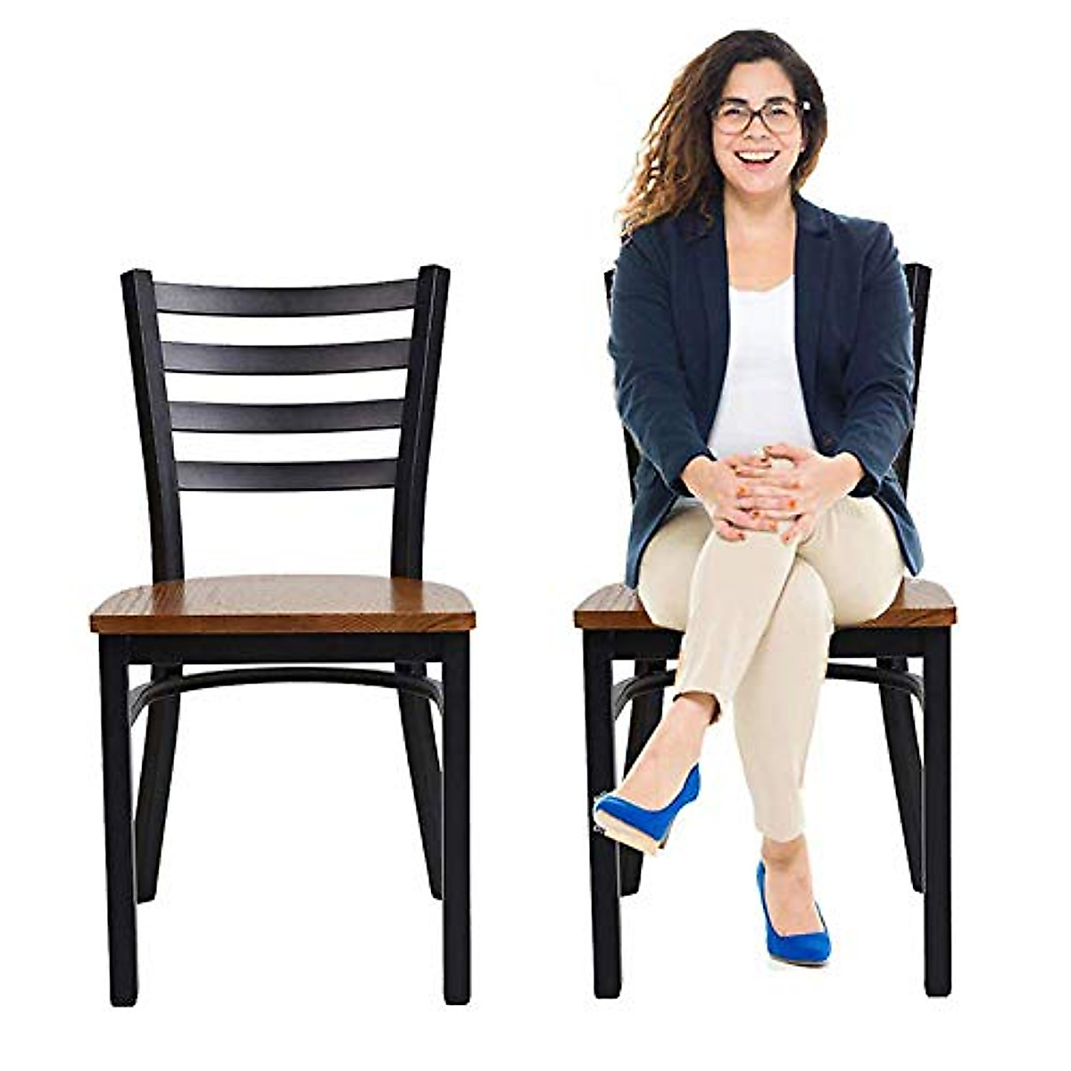 LUCKYERMORE Heavy Duty Kitchen Dining Chairs Set of 2 with Wood Seat and Metal Frame Restaurant Chairs Fully Assembled for Commercial and Residential Use, Ladder Back
