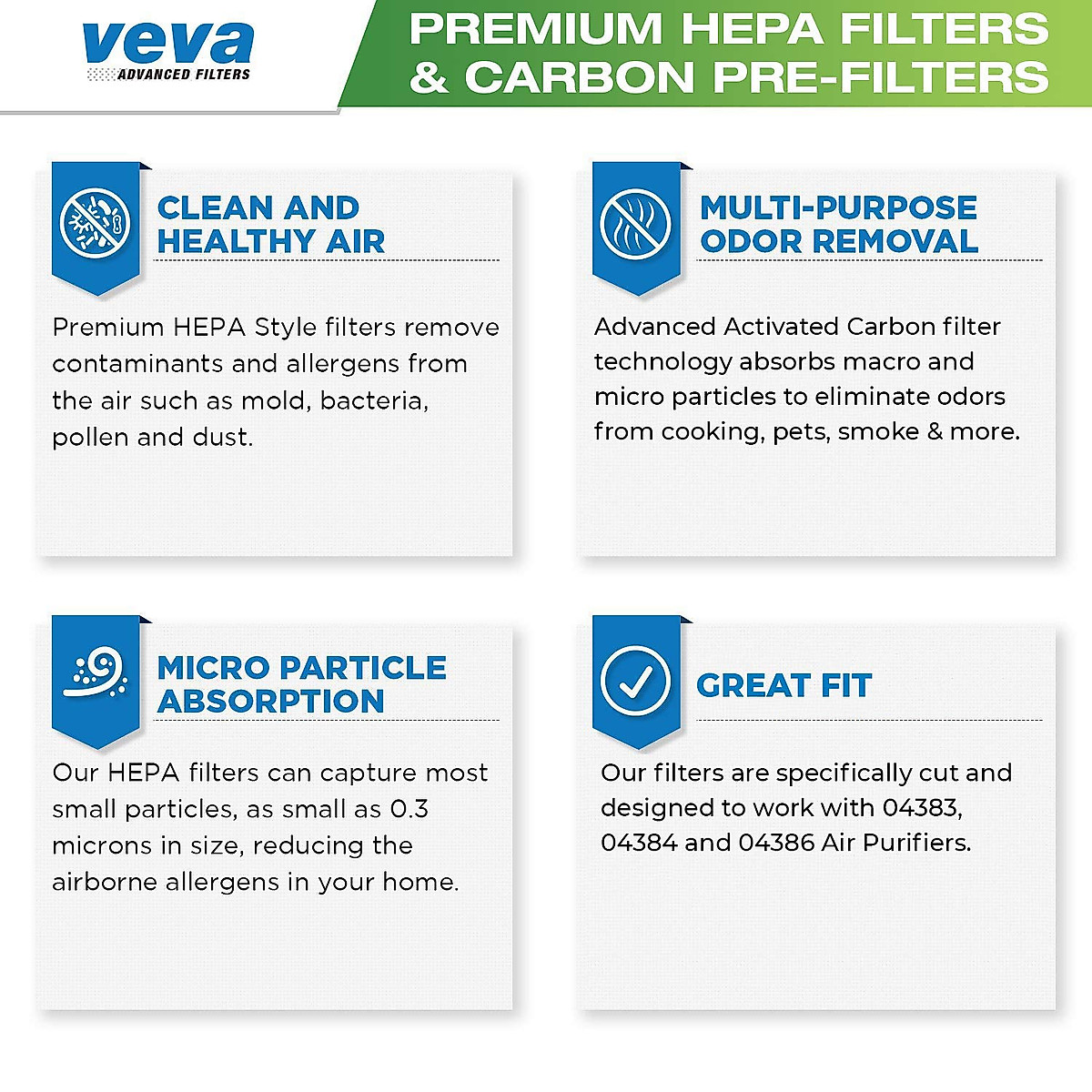 VEVA Complete Premium 3 HEPA Style Filters and 3 Full-Size Activated Carbon Pre-filters Replacement Filter Pack Compatible with Hamilton Beach Air Purifier 04386A, 04383, 04385, 04384, 990051000