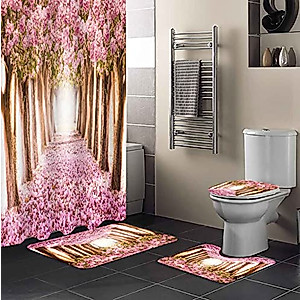 SDDSER Pink Cherry Blossom Shower Curtain Set, 4PCS Sakura Forest Bathroom Sets with Shower Curtain and Bath Mat, Toilet Lid Cover and U Shaped Rugs, 71" x 72" Bathtub Curtain with Hooks, SETPYSD7