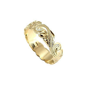 Arthur's Jewelry 14K yellow gold hand engraved Hawaiian plumeria scroll band ring cut out 6mm size 6