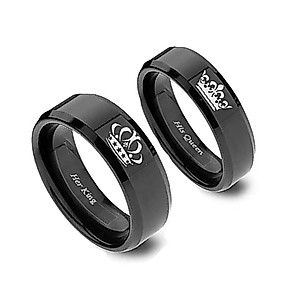 2PCS Black Her King and His Queen Crown Ring Set for Couples His Hers Stainless Steel Matching Promise Engagement Wedding Bands Comfort Fit