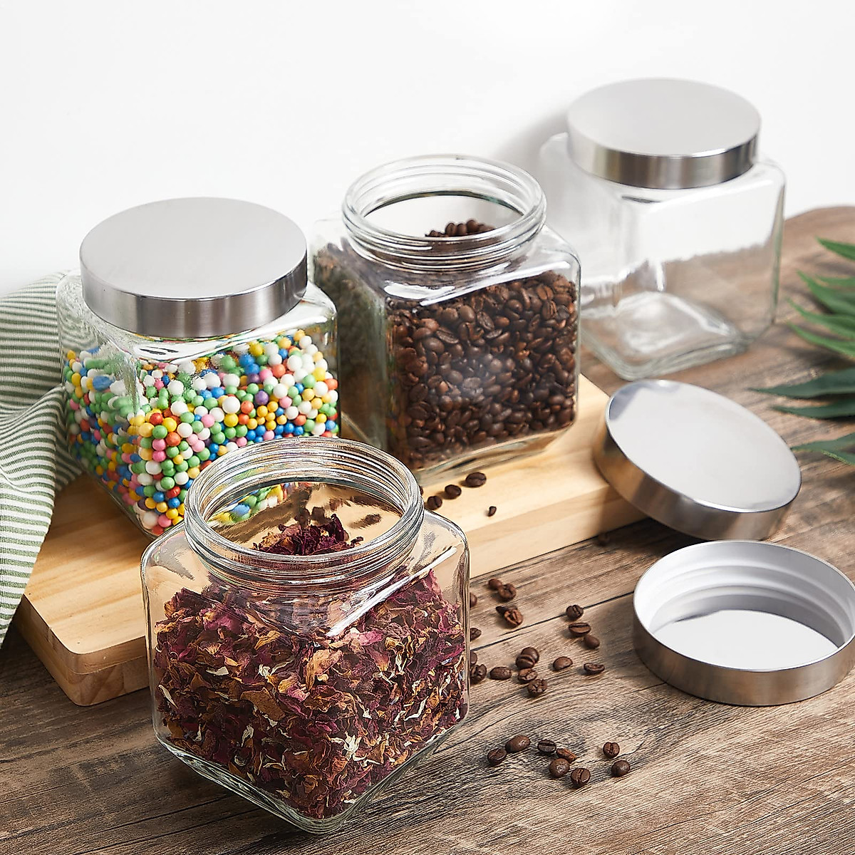 Roshtia 6 Pcs Square Glass Jars Food Storage Containers Glass Jars with Silver Metal Lids Square Glass Storage Containers with Lids Glass Canisters Airtight for Coffee Spices Food Kitchen (37 Oz)