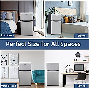 BANGSON Mini Fridge with Freezer, 3.2 Cu.Ft Compact Refrigerator, 5 Settings Temperature Adjustable, Low Noise Refrigerator, 2 Door Mini Fridge for Apartment, Home, Office and Dorm, Silver
