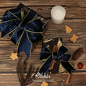 Ribbli Navy Velvet Wired Ribbon 1.5 Inch Metallic Navy Blue Gold Crushed Velvet Christmas Ribbon for Gift Wrapping Christmas Tree Decoration Crafts Wreaths Supplies-Continuous 10 Yards