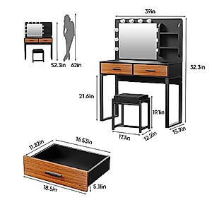 Semiocthome Vanity Desk with Mirror and 10 LED Lights, 39.4"W Makeup Desk with 2 Big Drawers and Side Shelves for Storage, Girl's Dressing Table with Metal Frame, Corner Makeup Table with Chair- Brown