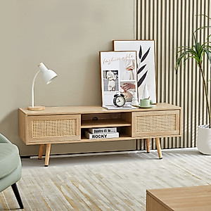 Rattan TV Stand Entertainment Center, 55" L TV Console Table Storage Cabinet Wooden Sliding Doors Plastic Rattan for Living Room Farmhouse Furniture (oak-55)