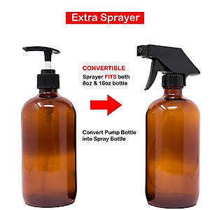 Youngever 6 Pack Empty Glass Pump Bottles, 2 Pack 16 Ounce and 4 Pack 8 Ounce Pump Bottles, Soap Dispenser, Refillable Containers (Amber)