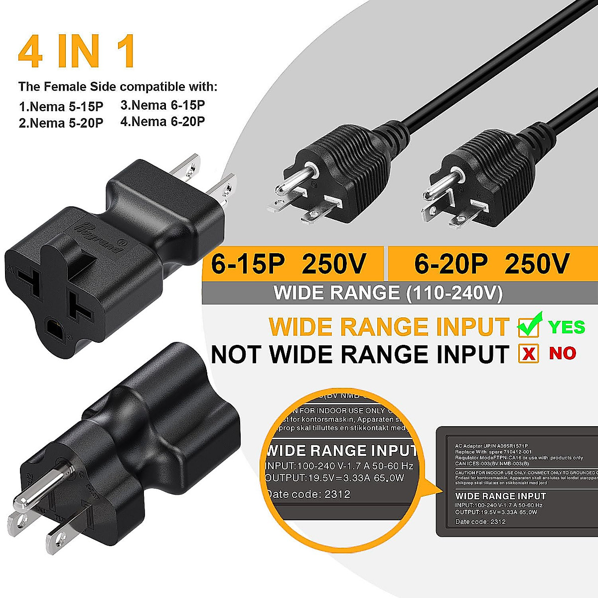 [2Pack] Four-in-One 4-in-1 15 Amp Household AC Plug to 20 Amp T Blade Adapter,5-15P to 5-20R,5-15P to 6-15R,5-15P to 6-20R, 4 in 1 AC Power Adapter,15A 125V to 20A 250V Adapter