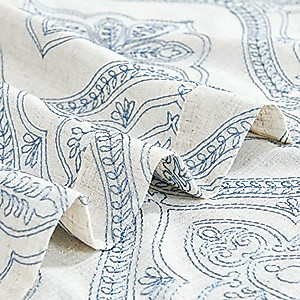 jinchan Linen Textured Curtains for Living Room Embroidered Design Window Curtains Light Filtering Flax Linen Look Window Treatment Set for Bedroom Grommet Top 2 Panels 96 Inch Length Blue